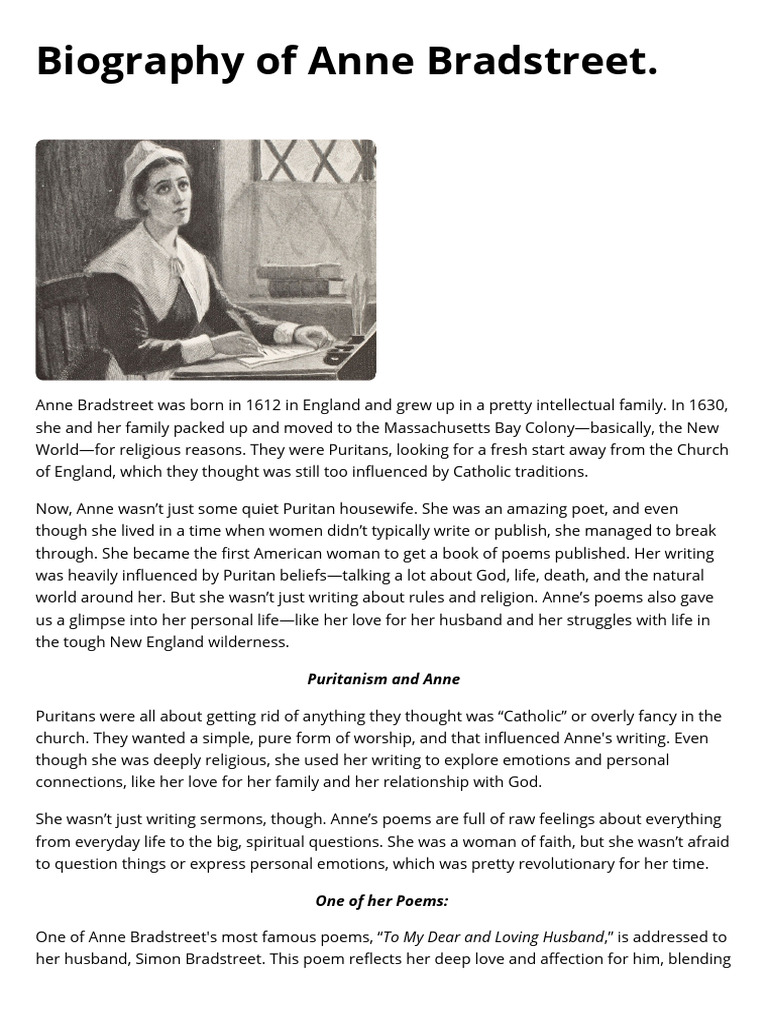 Anne Bradstreet: Pioneer of Puritan Poetry | PDF | Love | Puritans