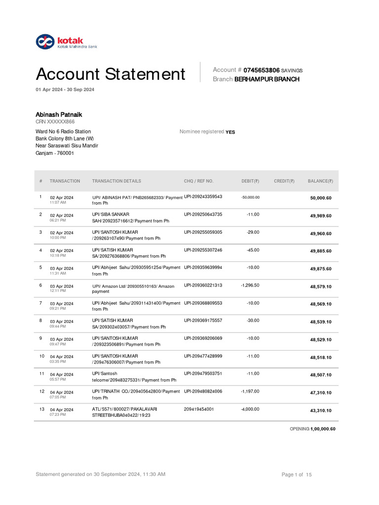Kotak Statement To APR To SEP 24 | PDF | Debits And Credits | Money