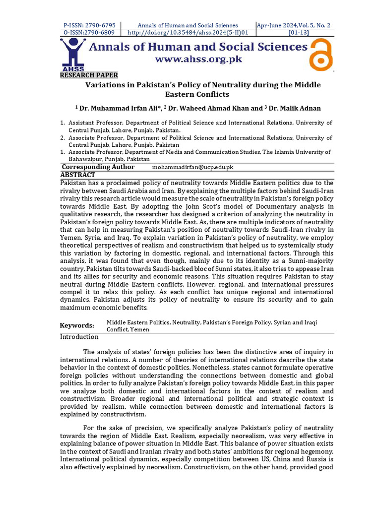 Variations in Pakistan's Policy of Neutrality During The Middle Eastern ...