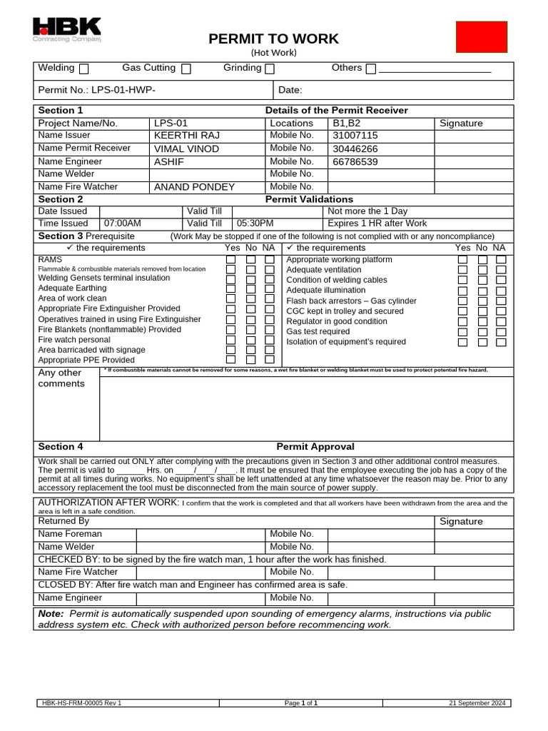 HBK-HS-FRM-00005 Rev 1 - Permit to Hot Work | PDF | Fires | Occupational Safety And Health