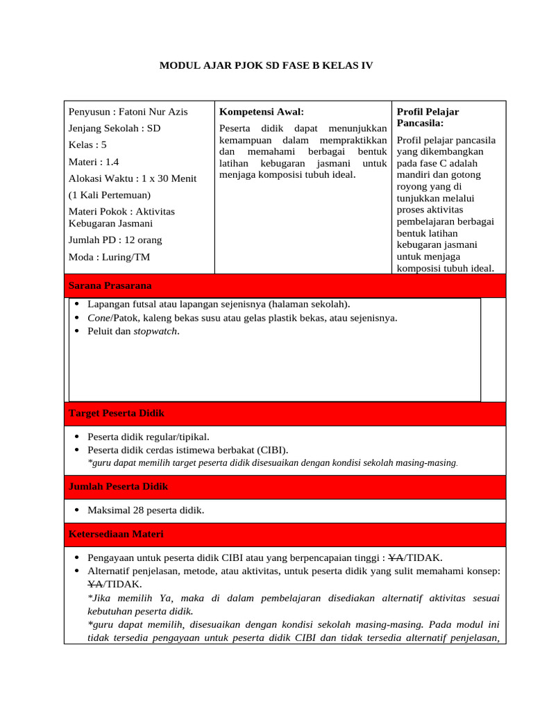 MODUL AJAR PJOK SD FASE B KELAS IV PKG (Recovered) | PDF