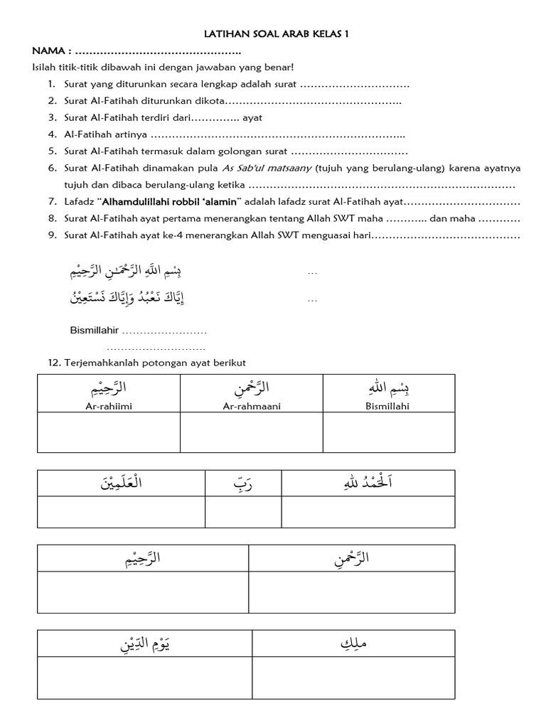 Latihan Soal Bahasa Arab Kelas 1 | PDF
