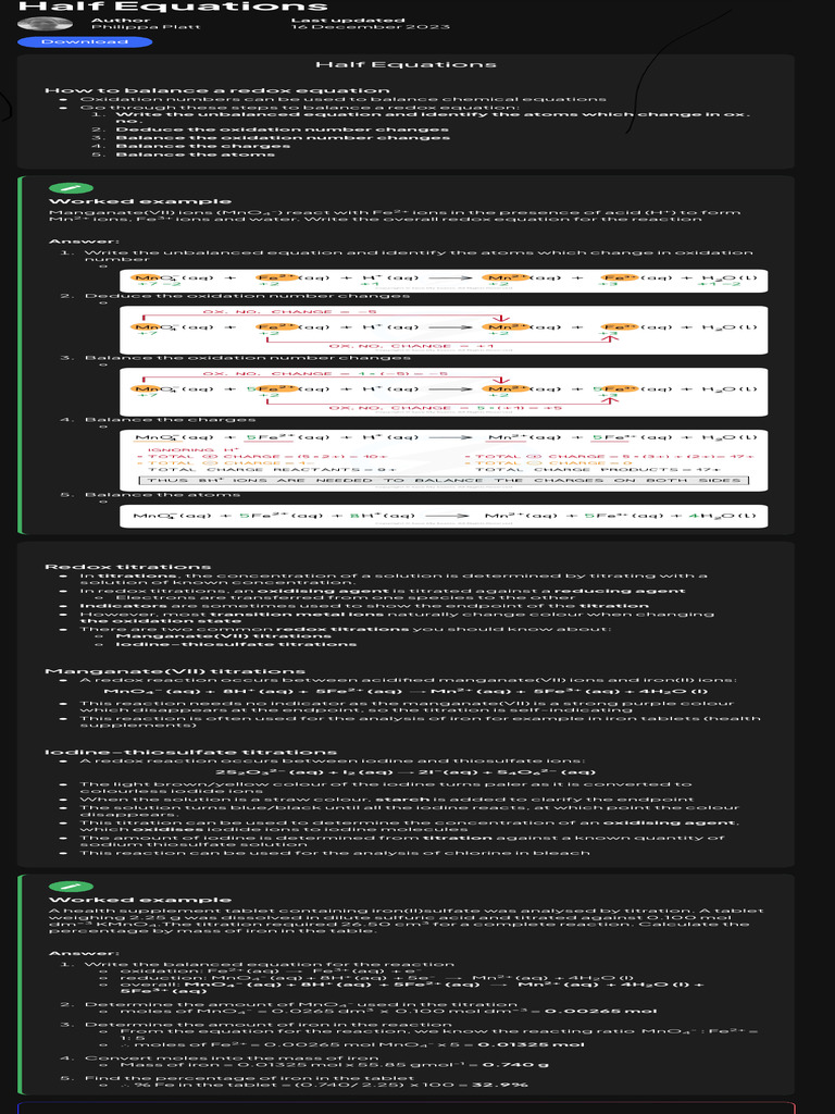 Half Equations HL IB Chemistry Revision Notes 2 | PDF | Redox | Titration