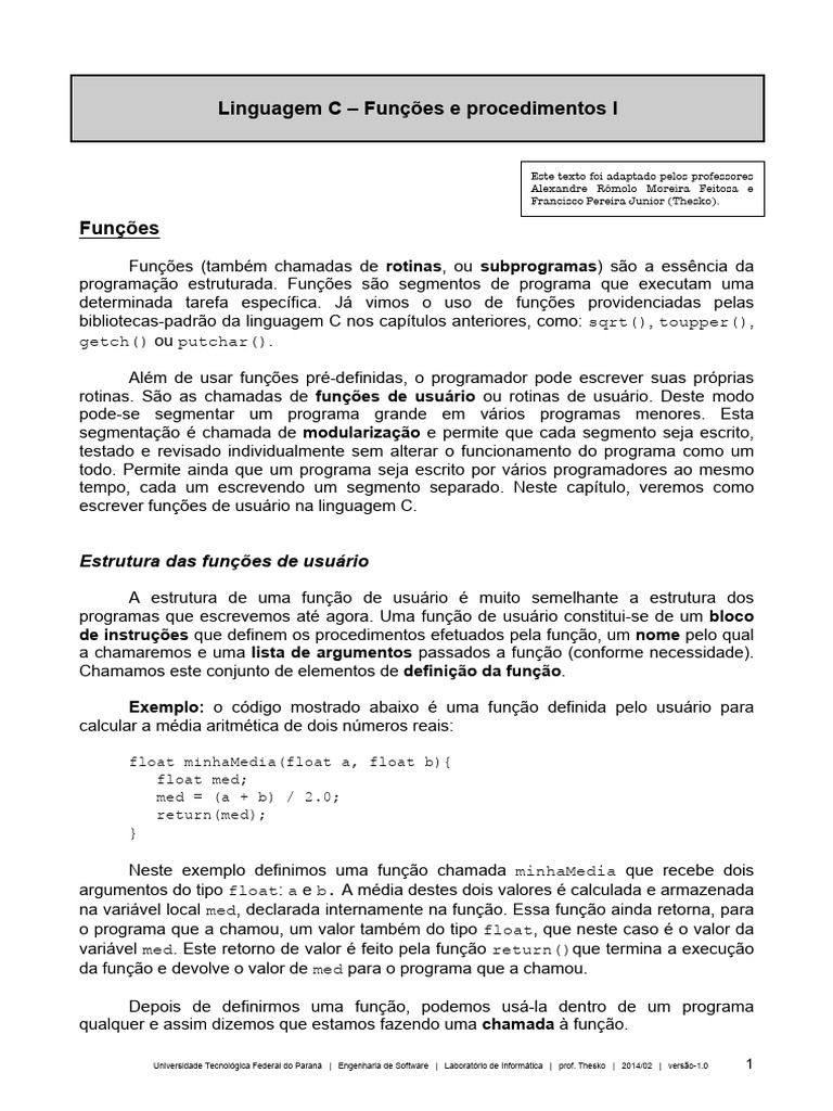 Parte 09 - Linguagem C - Funções e Passagem de Parâmetros | PDF ...
