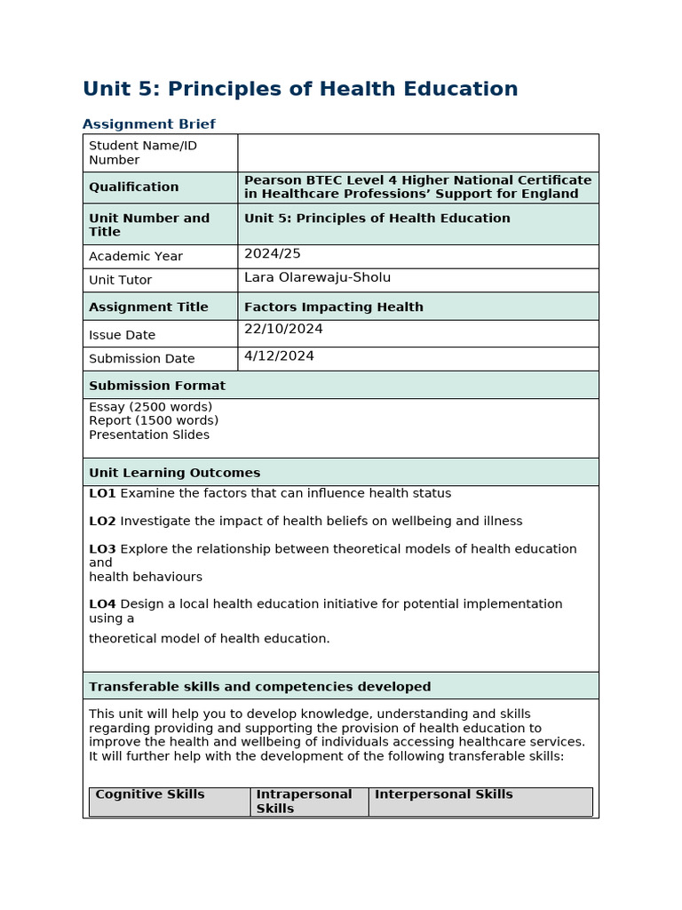 HNC Unit 5 - L4 Assignment Brief | PDF | Health Care | Behavior