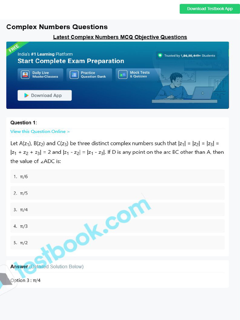 MCQ On Complex Numbers 5eea6a1439140f30f369f1b8 | PDF