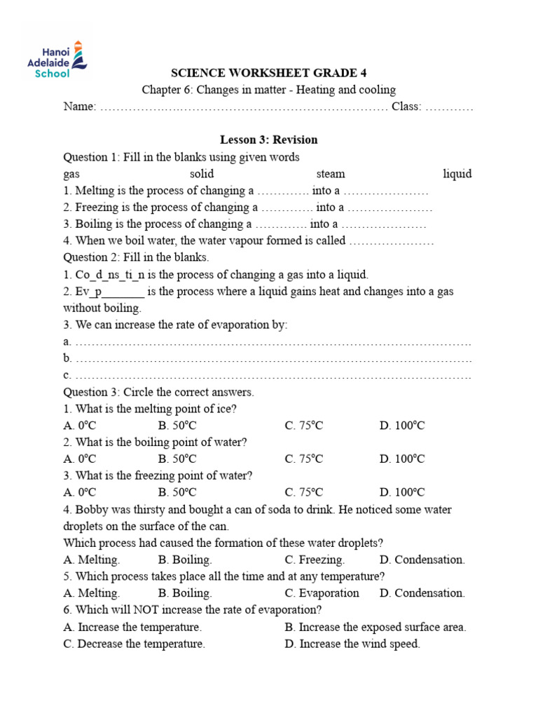 Worksheet - Science 4 - Lesson 6.3 | PDF | Water | Boiling