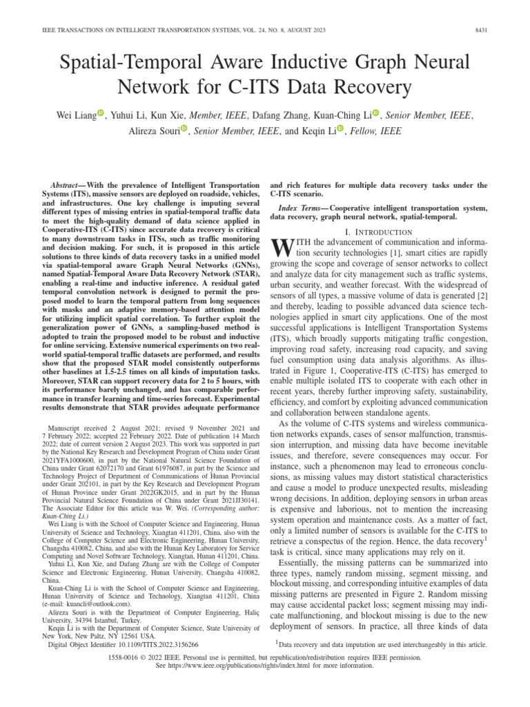 Spatial-Temporal Aware Inductive Graph Neural Network For C-ITS Data Recovery | PDF | Errors And ...