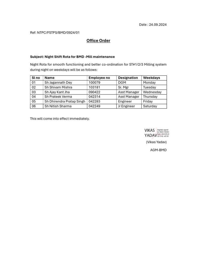 Night Shift Rota - BMD Mill Maintenance | PDF