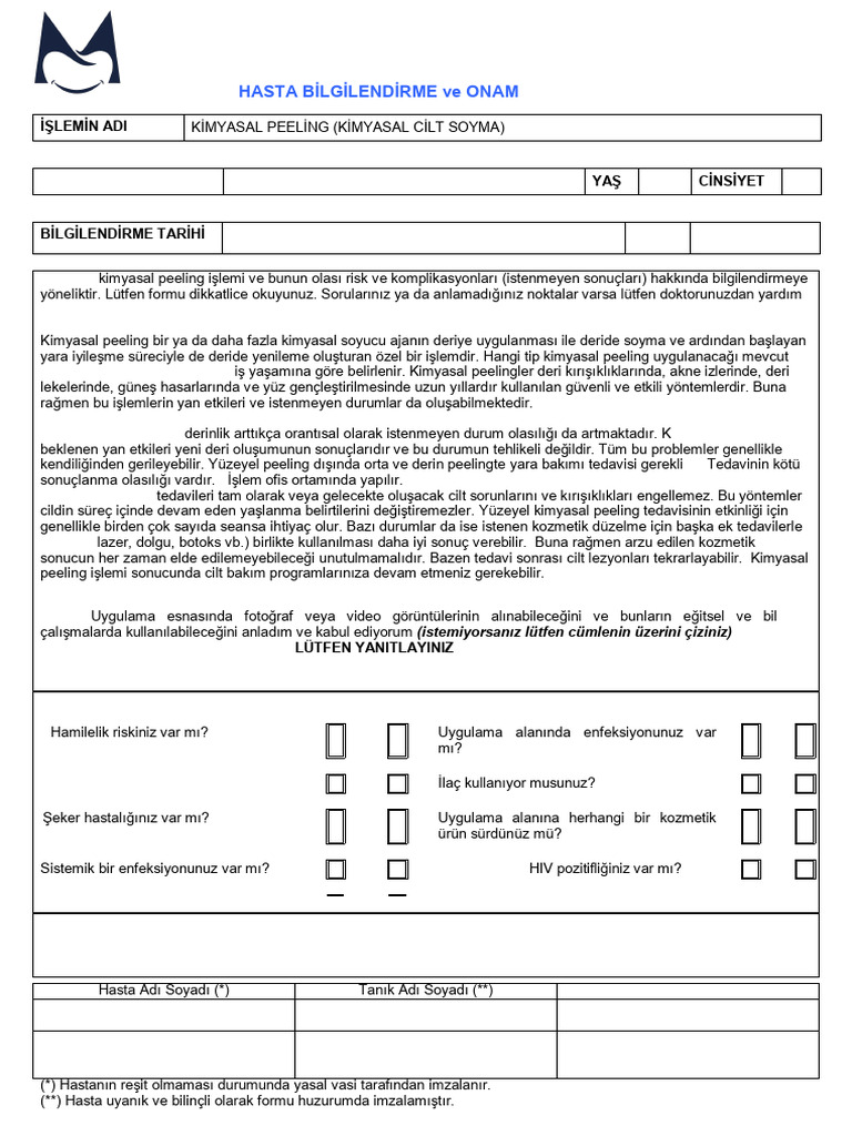 Kimyasal Cilt Soyma Onam Formu-1 | PDF