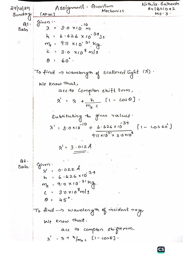 Physics Quantum Mechanics Assignment Answer | PDF