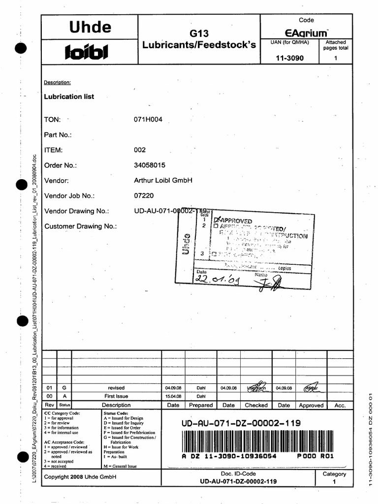UD-AU-071-DZ-00002-119 - 000 - 01 - Lubrication List - 071H004 | PDF