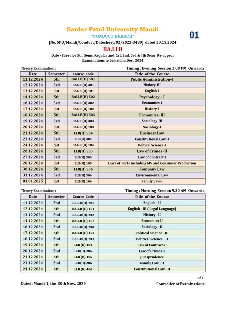 SPU Mandi Dec 2024 Exam Schedule | PDF | Physics | Economics