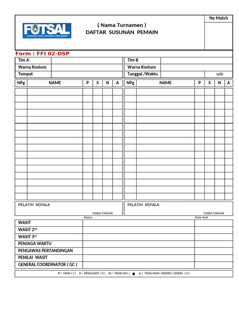 Form FFI 02 DSP (Daftar Susunan Pemain) | PDF
