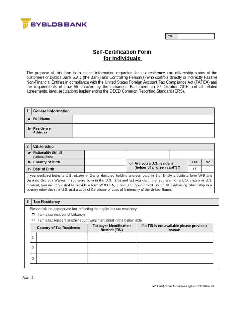 Self Certification Form For Individual (English) | PDF | Public Law | Taxes