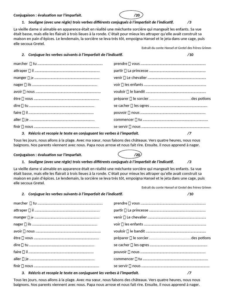 Imparfait Evaluation cm2 | PDF | Hansel et Gretel | Mécanique du langage