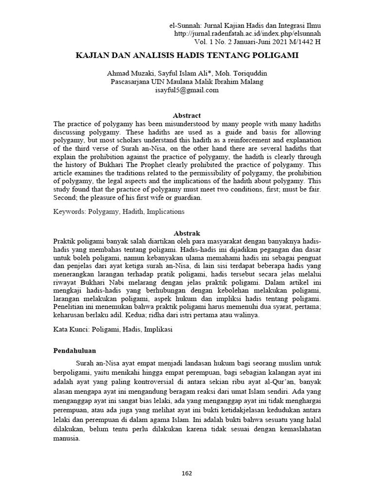 Kajian Dan Analisis Hadis Tentang Poligami: Keywords: Polygamy, Hadith, Implications | PDF