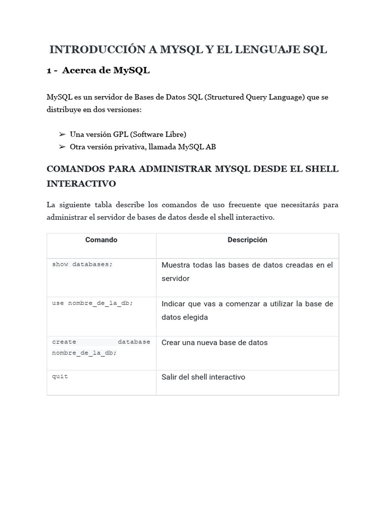 Introducción A MySQL y El Lenguaje SQL | PDF | Mi sql | SQL