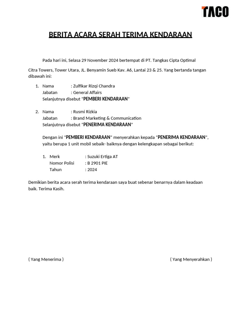 Berita Acara Serah Terima Mobil 2024 | PDF