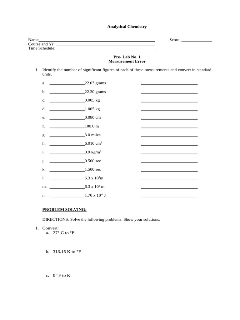 Prelab-1_Analytical-chemistry | PDF | Food Energy | Chemistry