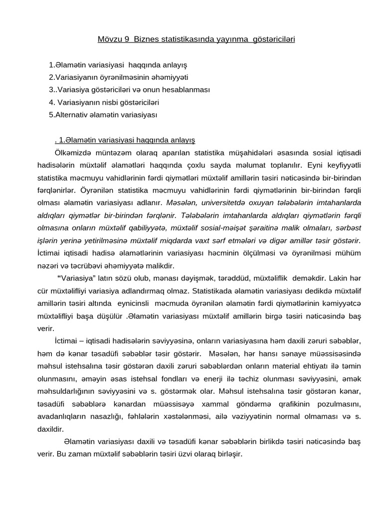 Movzu 9 Biznes Statistikasında Yayınma Göstəriciləri | PDF