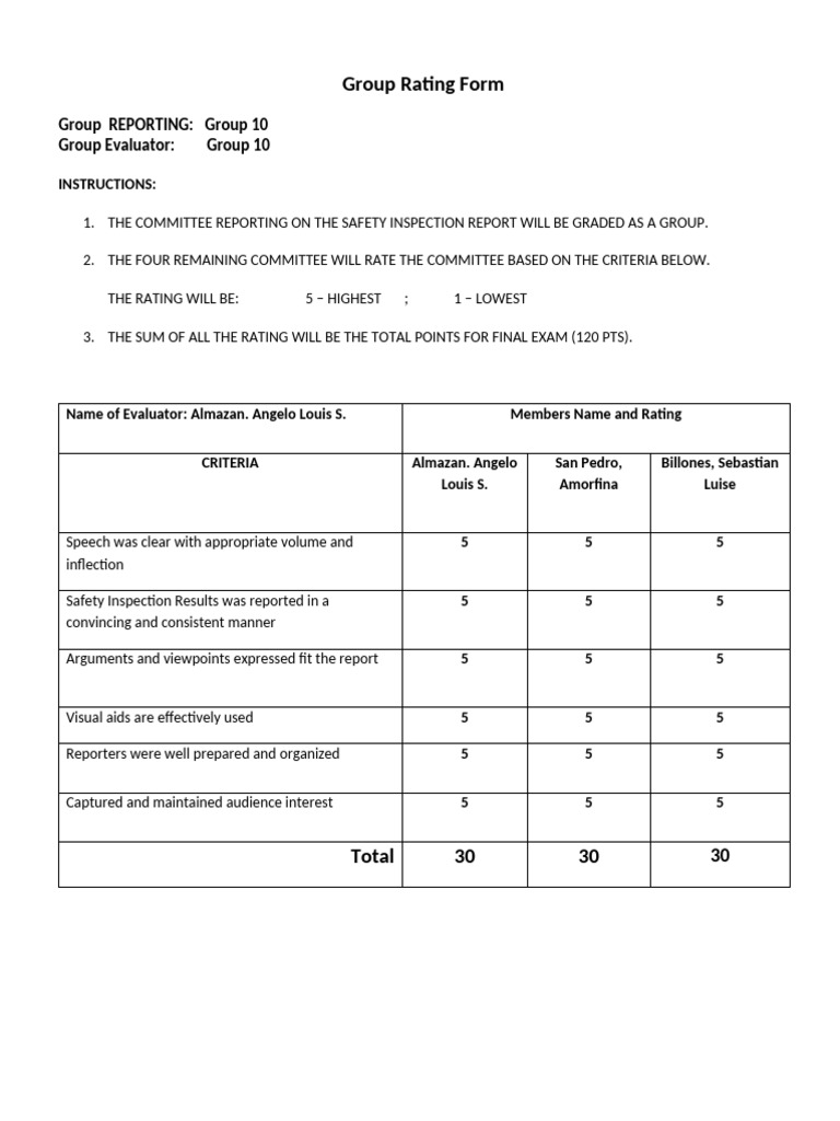 Group 10 Rating Form | PDF