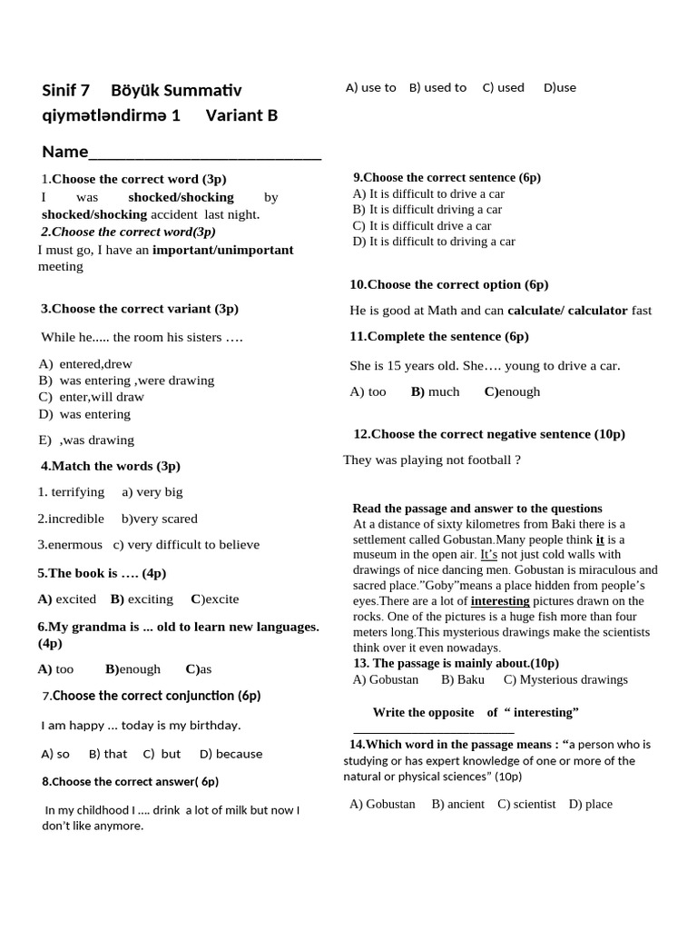 BSQ1 7ci Sinif Var B | PDF | Linguistics