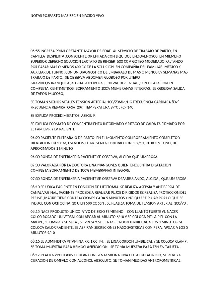 NOTA POS PARTO DE ANDRIS D | PDF | Parto | Especialidades Medicas