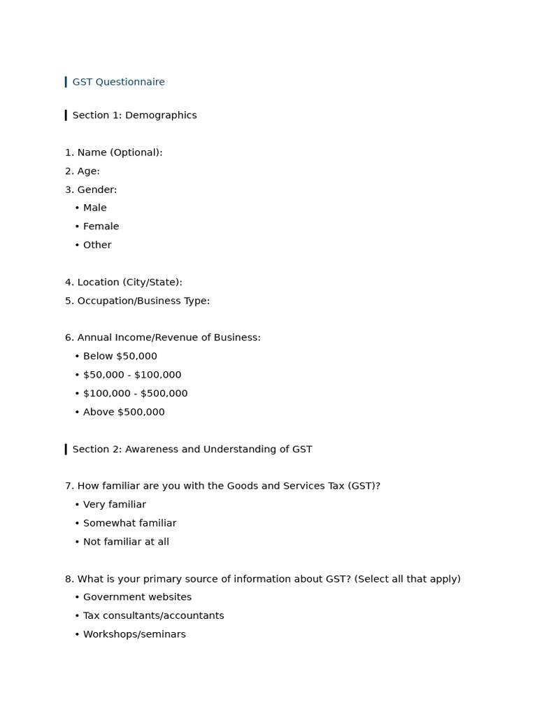 GST Questionnaire | PDF