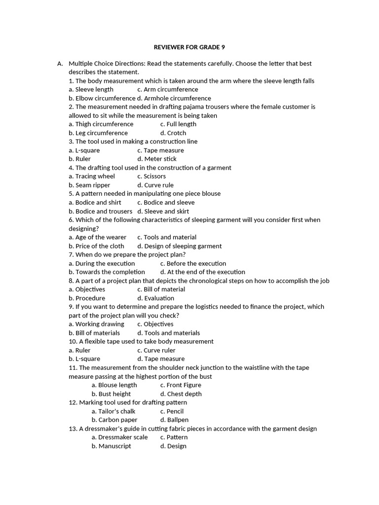 REVIEWER For Grade 9 | PDF | Textiles | Clothing