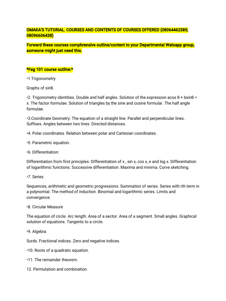 First Semester 100L Course Outline | PDF