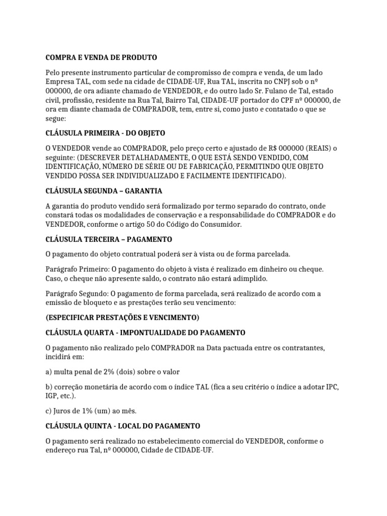 Modelo de Compra e Venda de Produto | PDF | Cheque (banco) | Economias