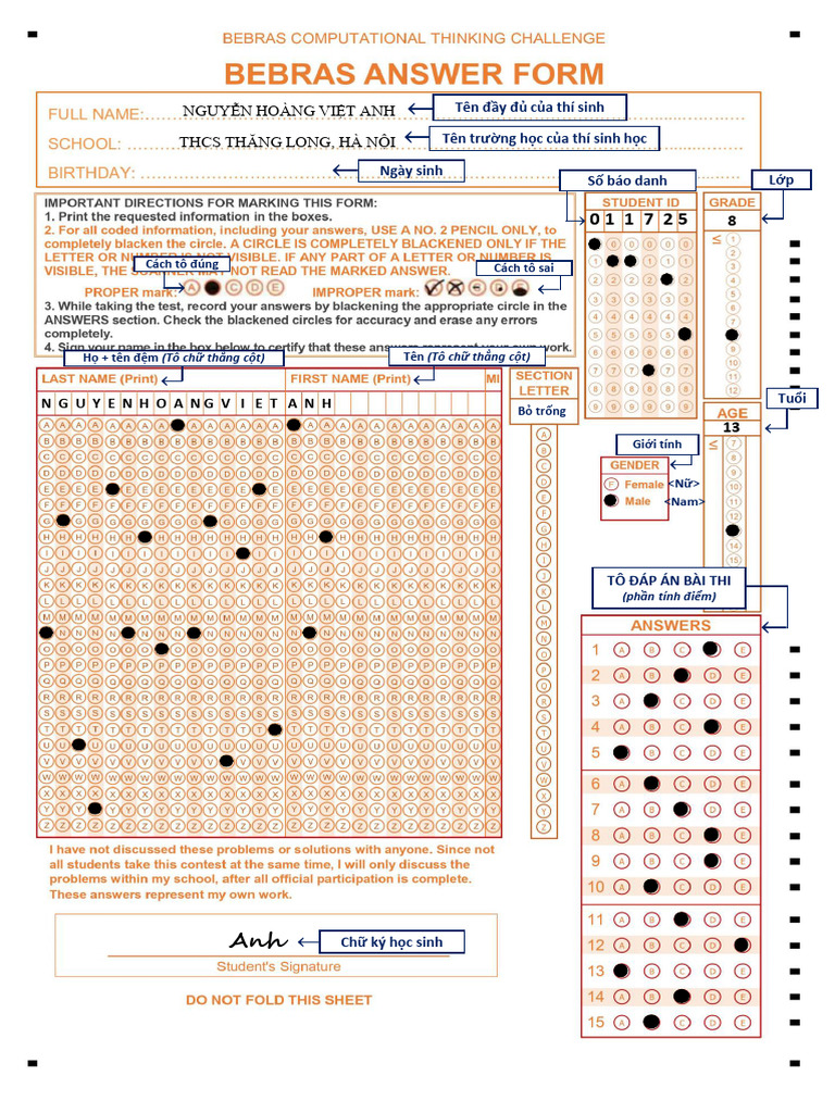 Bebras-Hướng dẫn tô phiếu TLTN | PDF