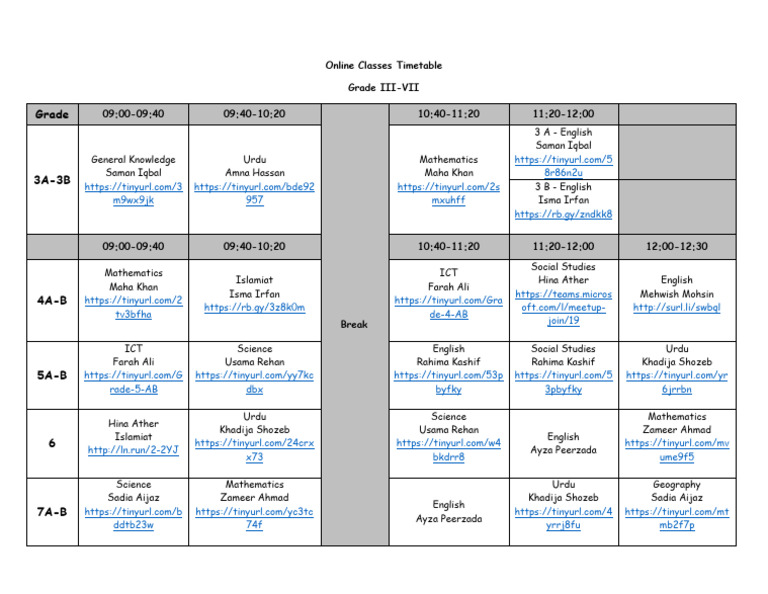 Online Classes Timetable & Links | PDF