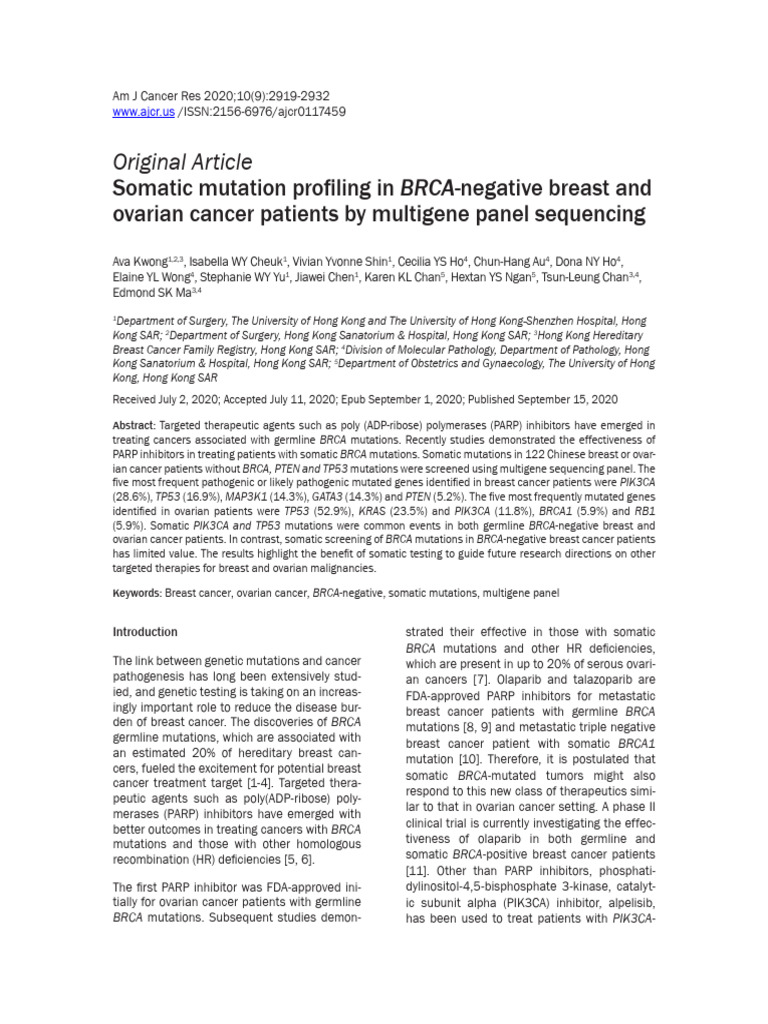 Am J Cancer Res Somatic Mutation Profiling in BRCA-negative Breast and Ovarian Cancer Patients ...