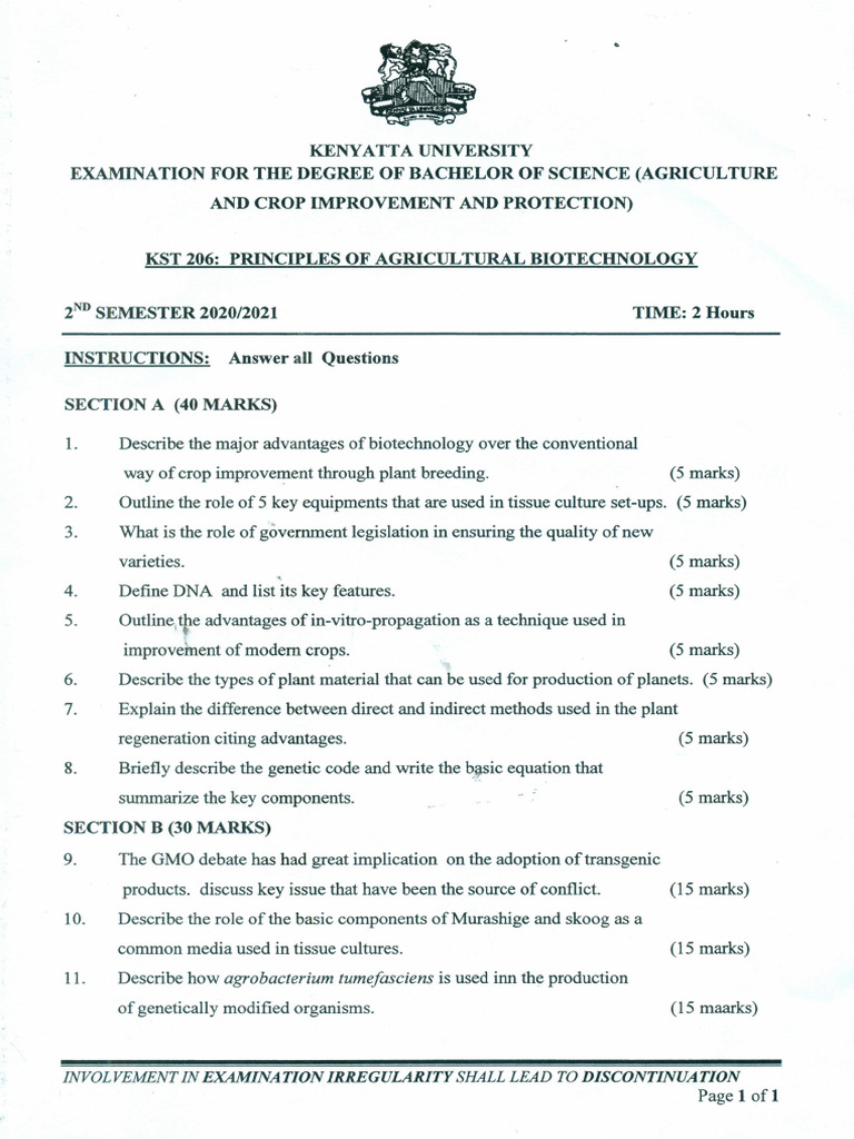 KST 206 Principles of Agricultural BioTechnology | PDF | Genetically ...