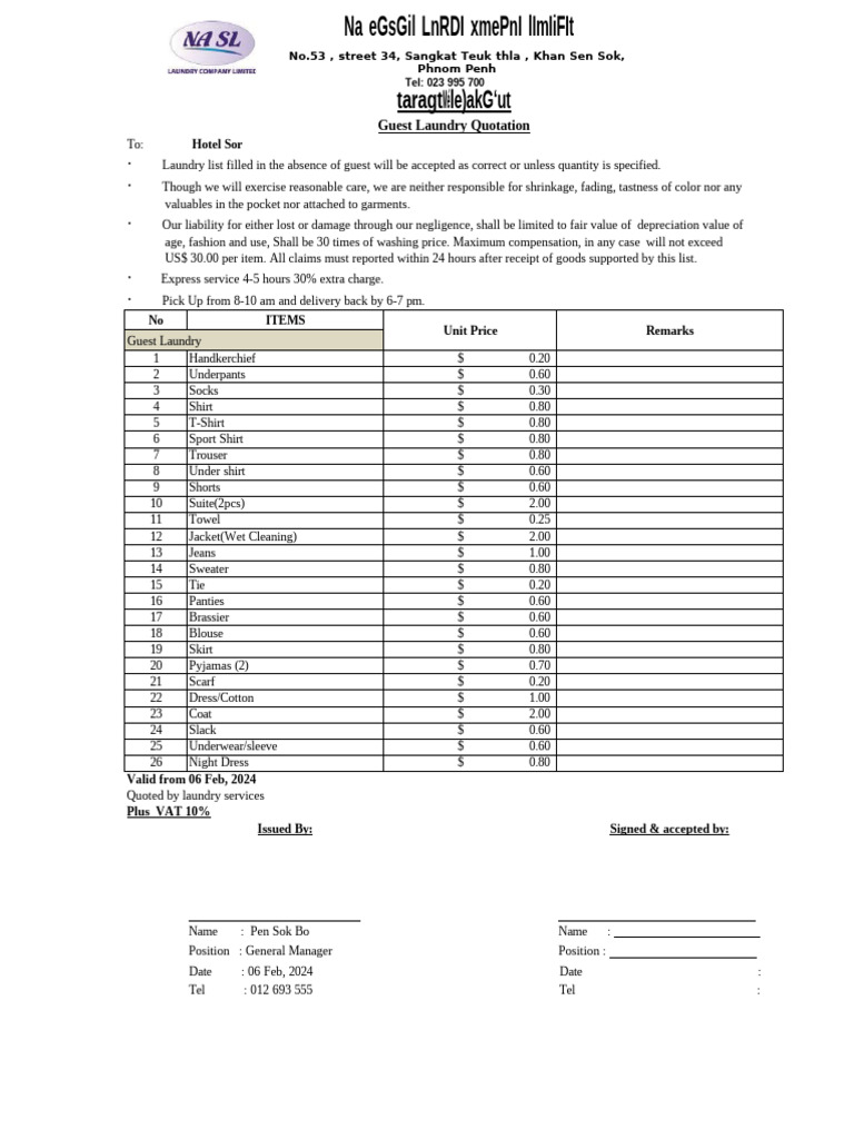 Guest Laundry Quotation Feb, 2024 | PDF | Shirt | Clothing