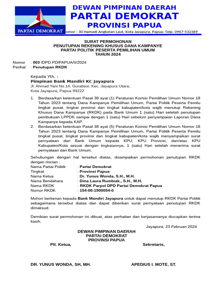 03 - Surat Permohonan Penutupan Rekening Khusus Dana Kampanye Partai ...