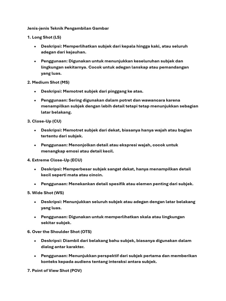 Jenis-Jenis Teknik Pengambilan Gambar | PDF