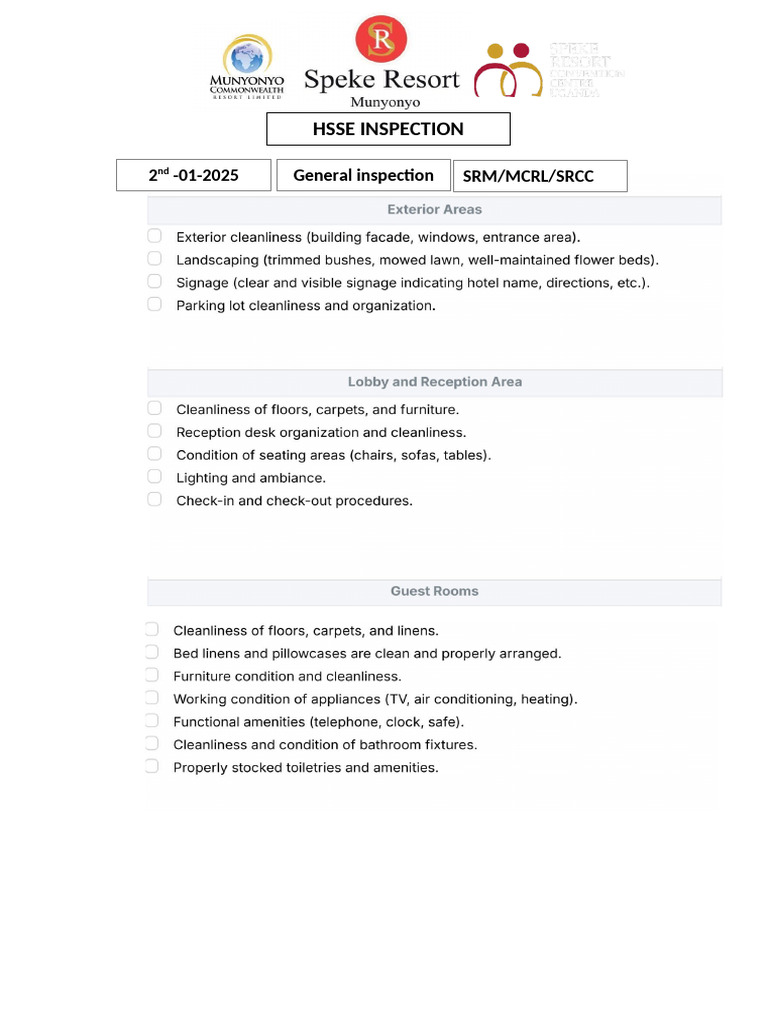 Hotel Inspection Checklist | PDF