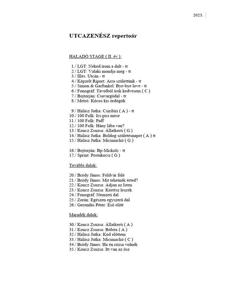 00 UTCAZENÉSZ Repertoár - 2023 | PDF