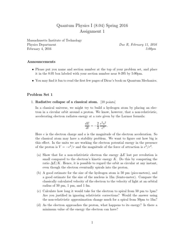 M.I.T QM-I Problem Sheet | PDF | Electron | Wave Function