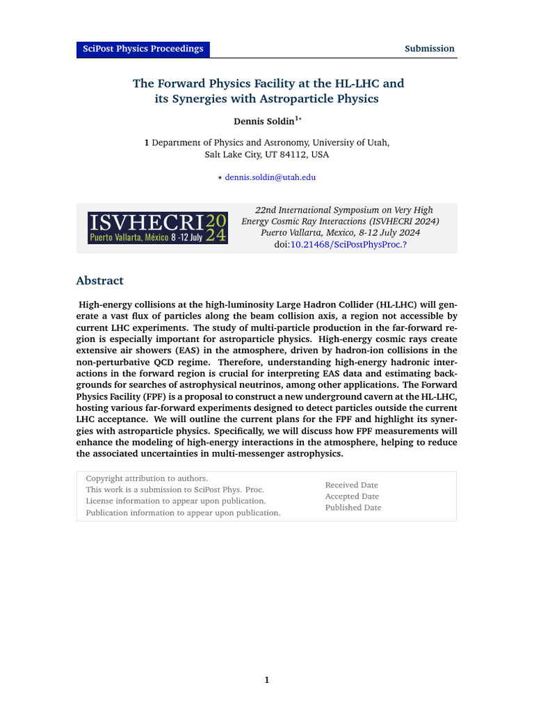 The Forward Physics Facility at The HL-LHC and Its Synergies With Astroparticle Physics | PDF ...