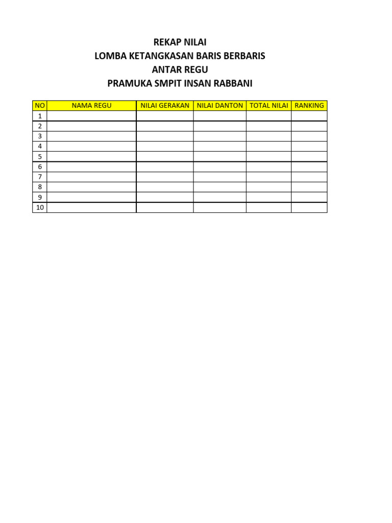 Format Rekap Nilai Lkbb Antar Regu Smpit Ir | PDF