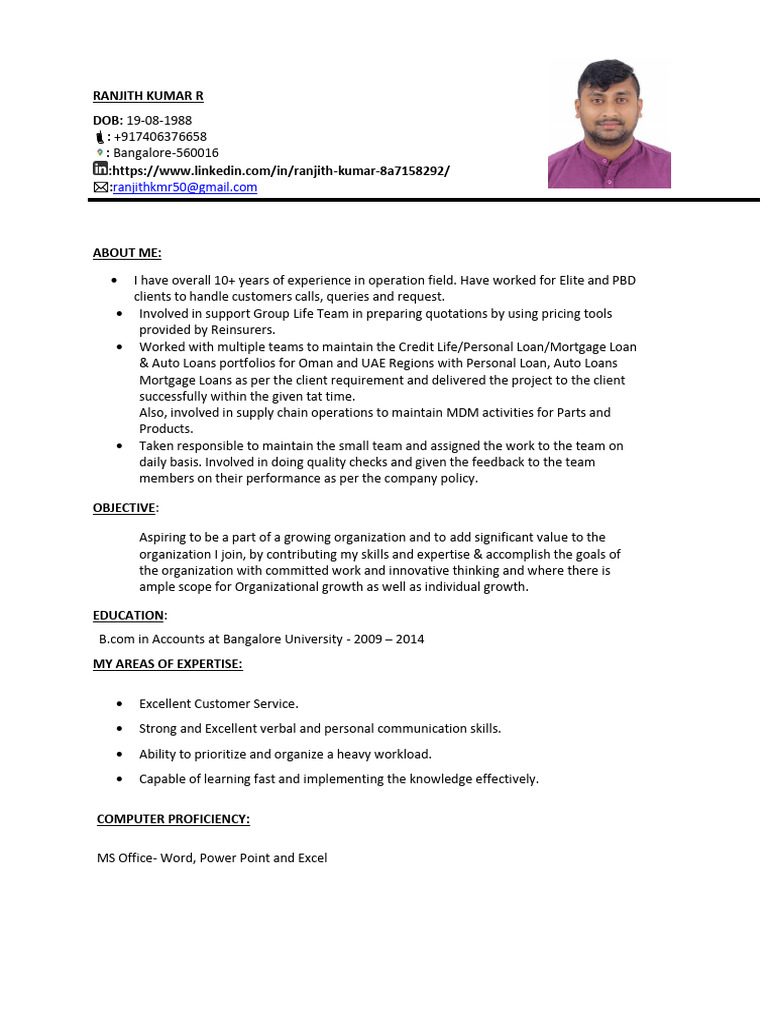 RANJITH KUMAR R _Resume | PDF | Insurance | Underwriting