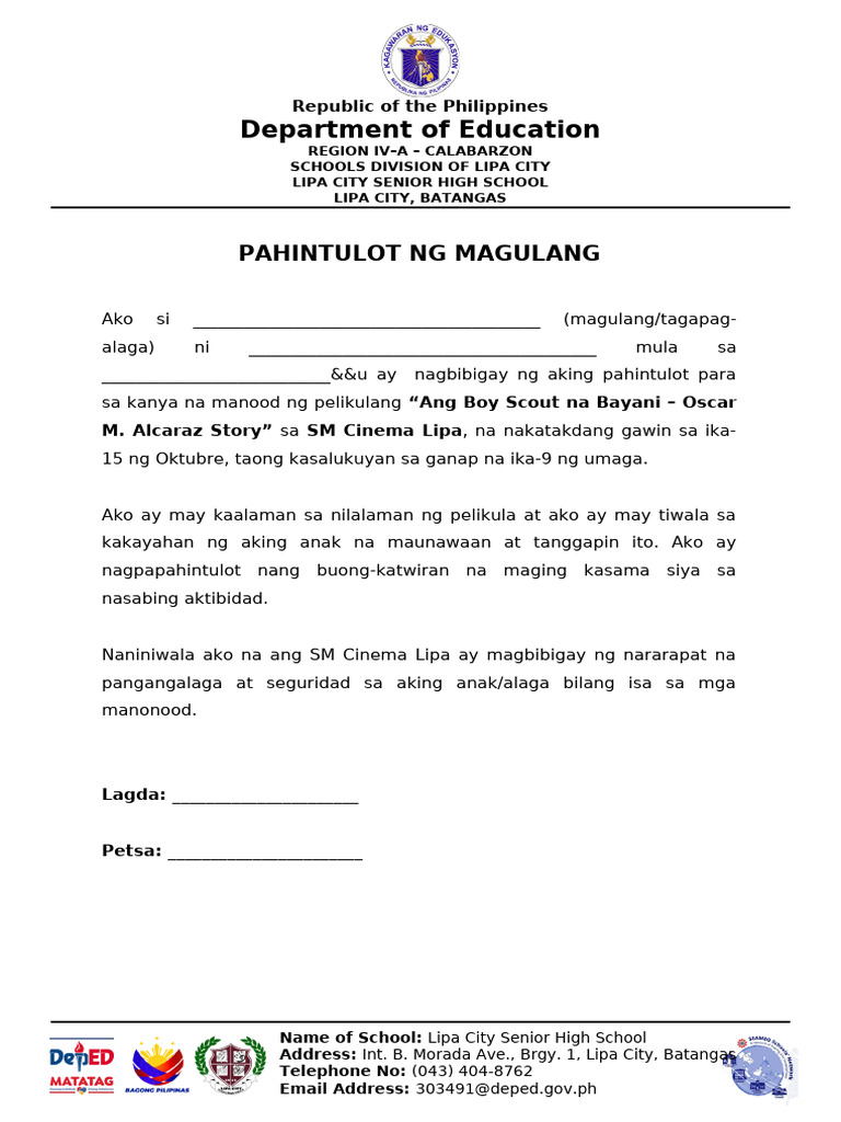 Pahintulot NG Magulang - Ang Boy Scout Na Bayani | PDF
