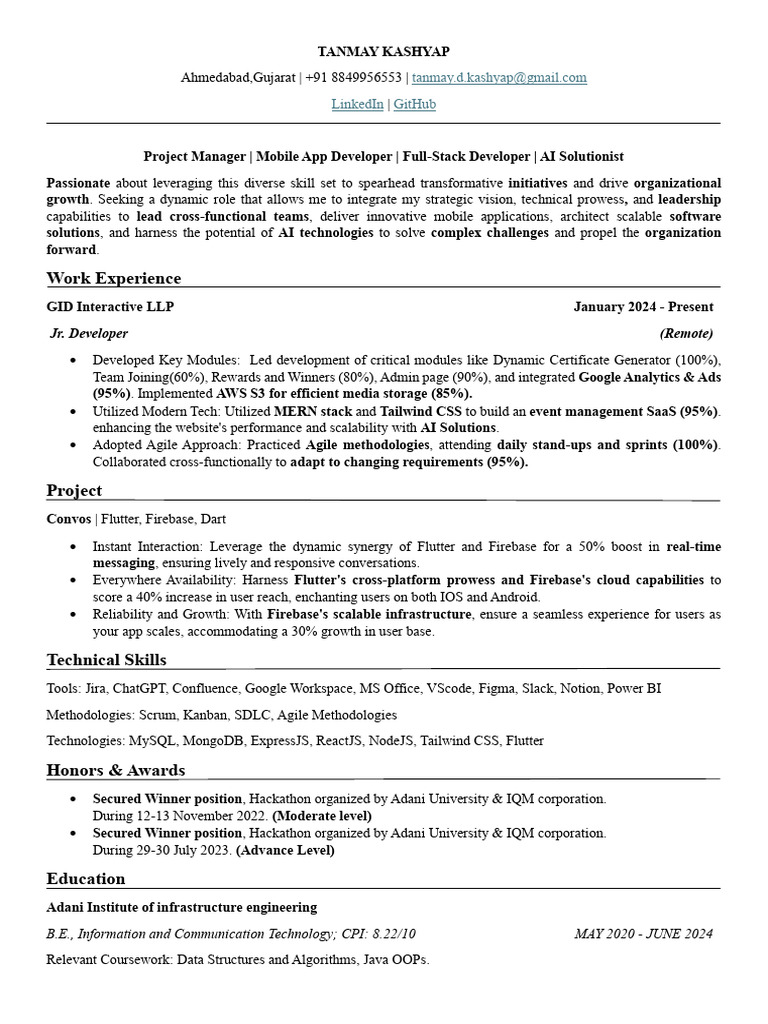 Tanmay Kashyap's Resume | PDF | Agile Software Development | Information Technology