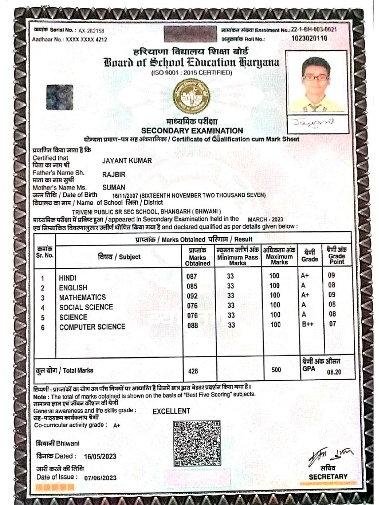 Jayant Kumar 10th Marksheet - Compressed | PDF