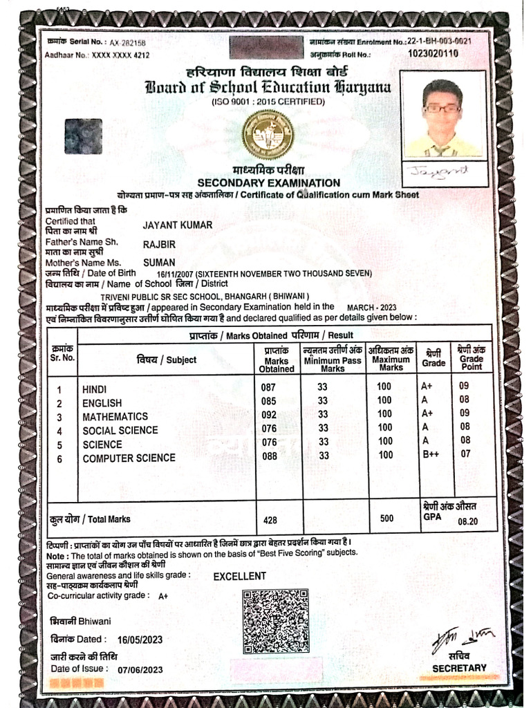Jayant Kumar 10th Marksheet | PDF Jayant Kumar 10th Marksheet | PDF