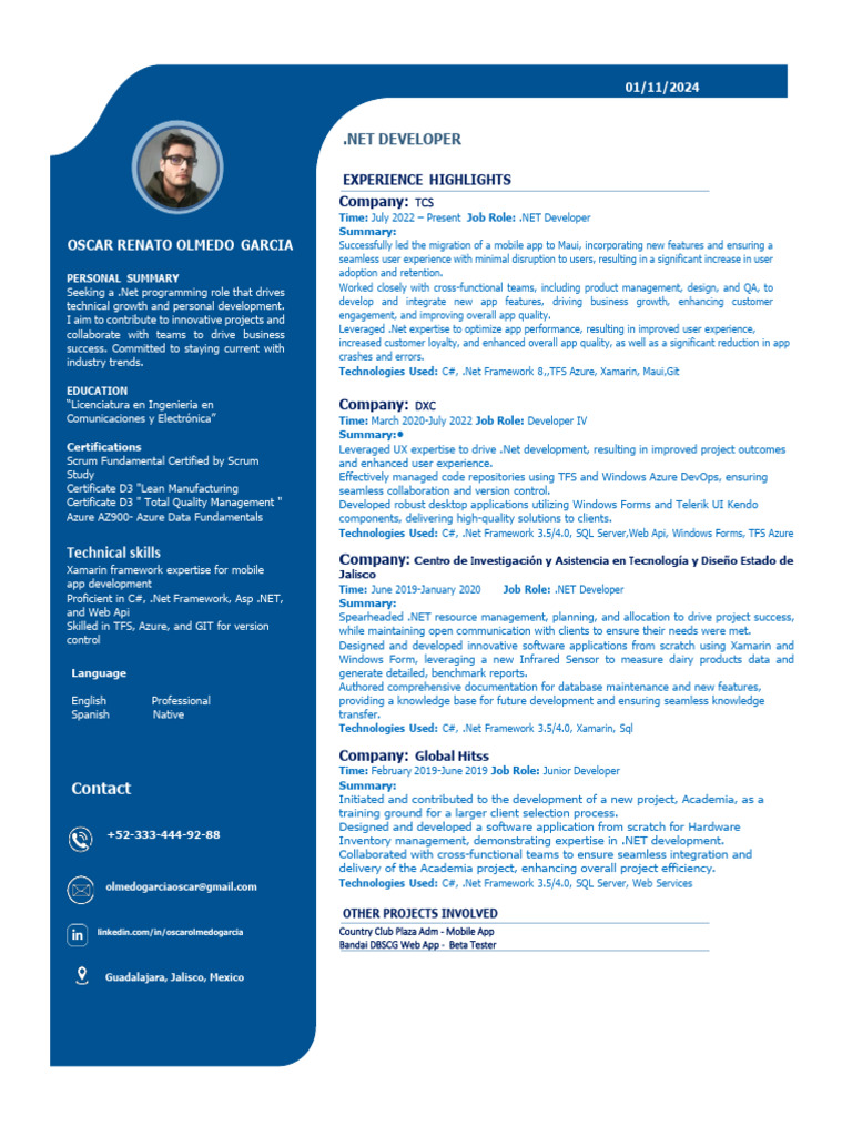 Oscar Olmedo CV Nov 2024 | PDF | Xamarin | Microsoft Sql Server